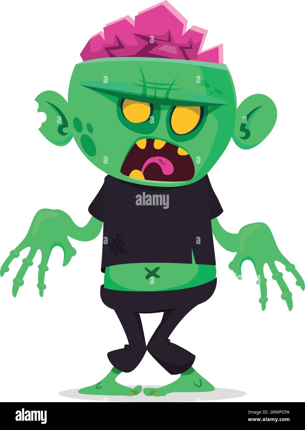 Cartoon funny green zombie with pink brains outside of the head ...