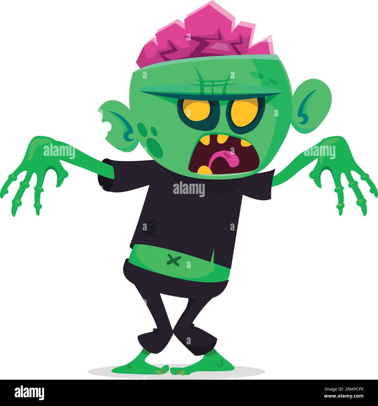 Cartoon funny green zombie with pink brains outside of the head ...