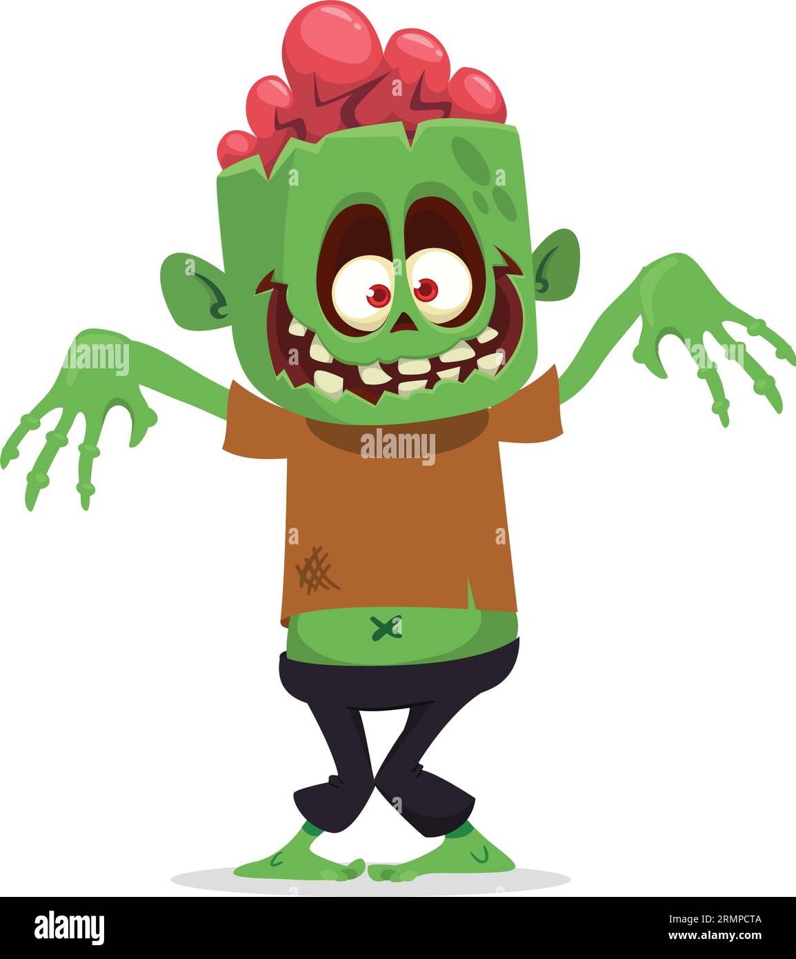 Cartoon funny green zombie with pink brains outside of the head ...