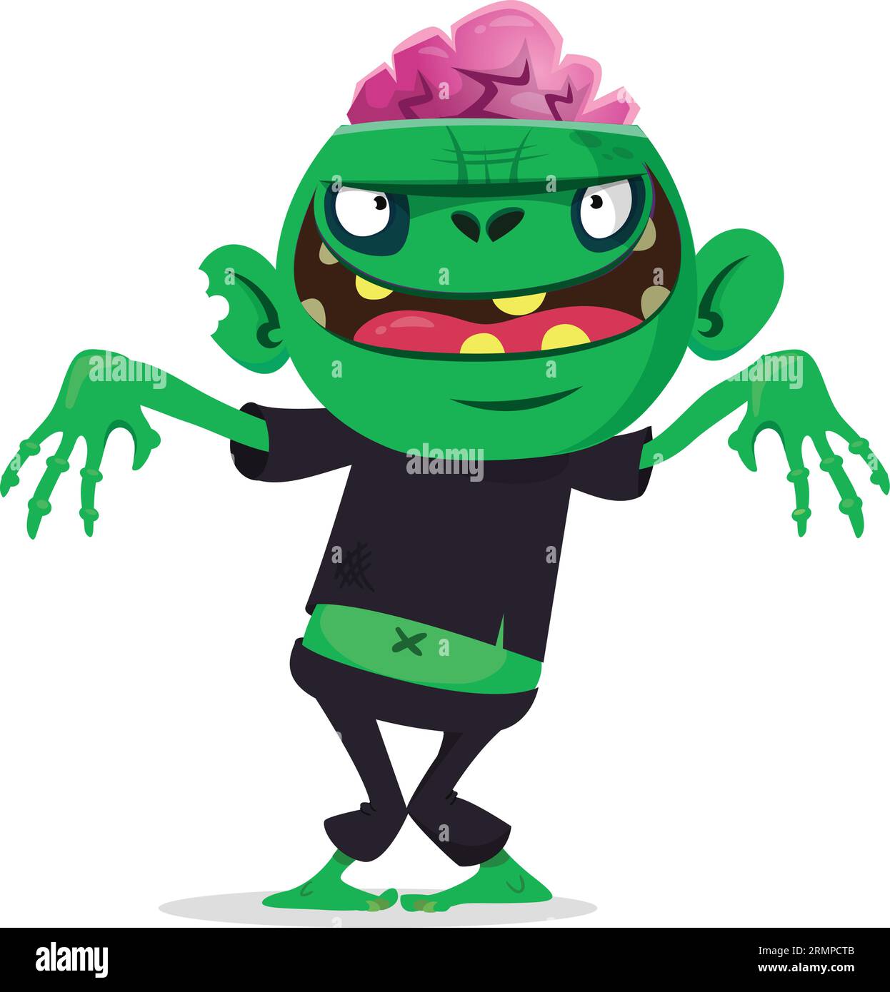Cartoon funny green zombie with pink brains outside of the head ...