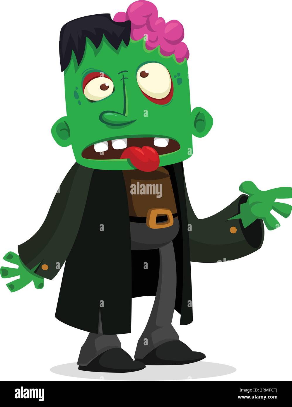 Cartoon funny green zombie with pink brains outside of the head ...