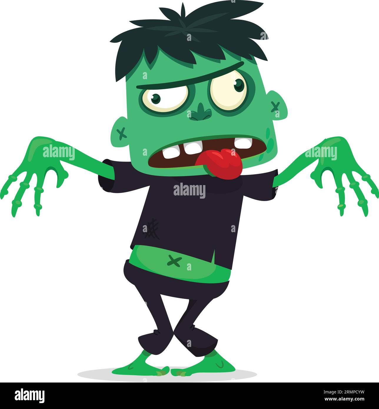 Cartoon funny green zombie with pink brains outside of the head ...