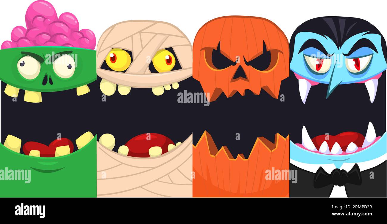 Halloween funny faces set of four characters. Cartoon heads of grim ...