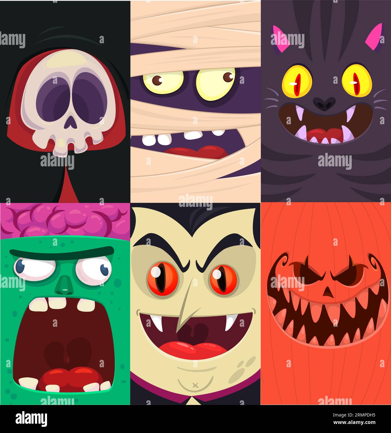 Halloween funny faces set of four characters. Cartoon heads of grim ...