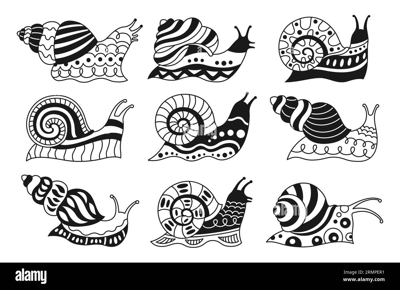 Snail with ornament doodle set. Abstract funny baby spiral linear ...