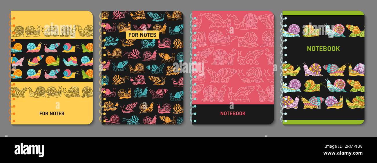 Snail trendy child notebook or notepad cover set. Mollusk with doodle ...