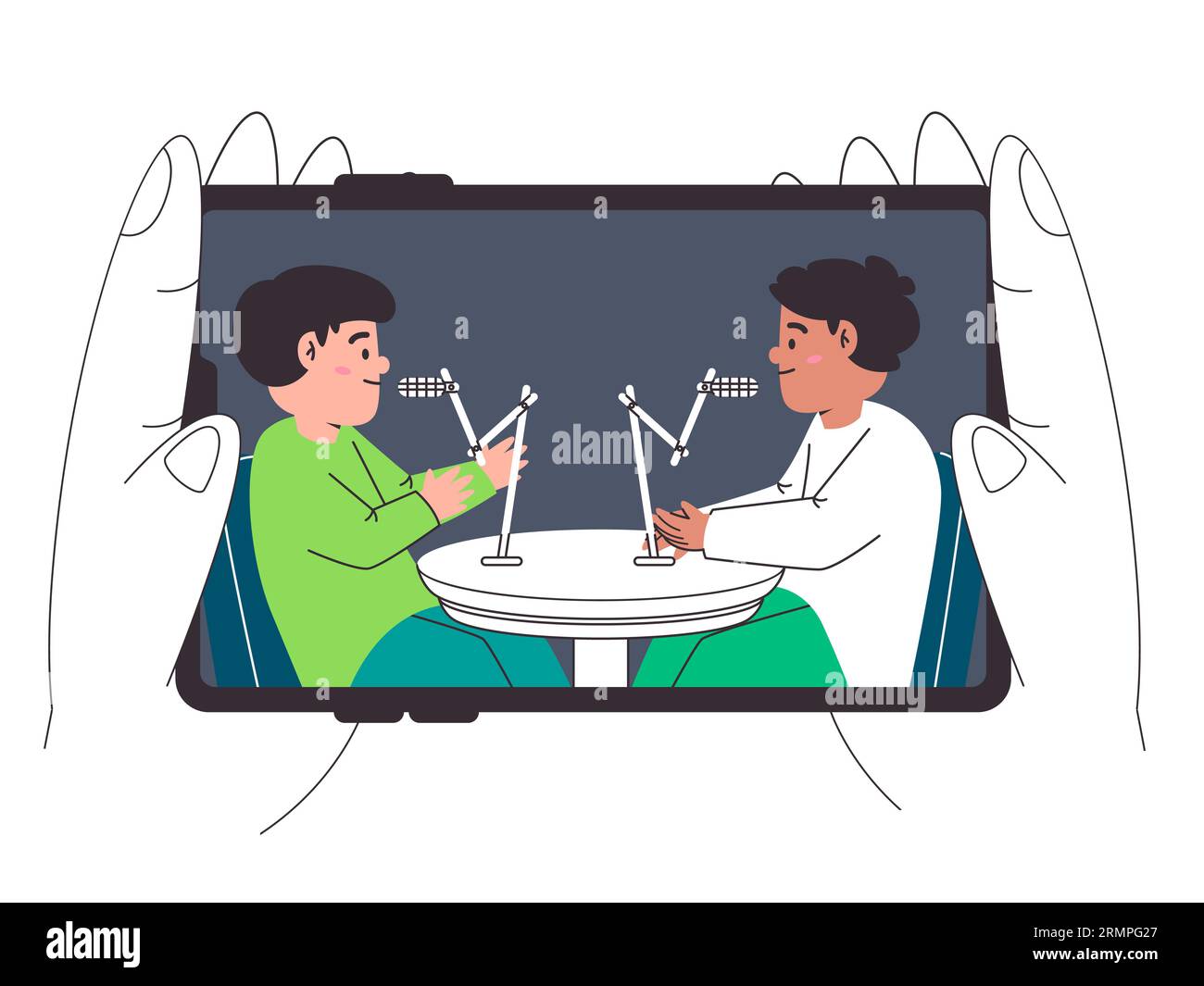 smart phone watching podcast interview conversation two hands holding ...