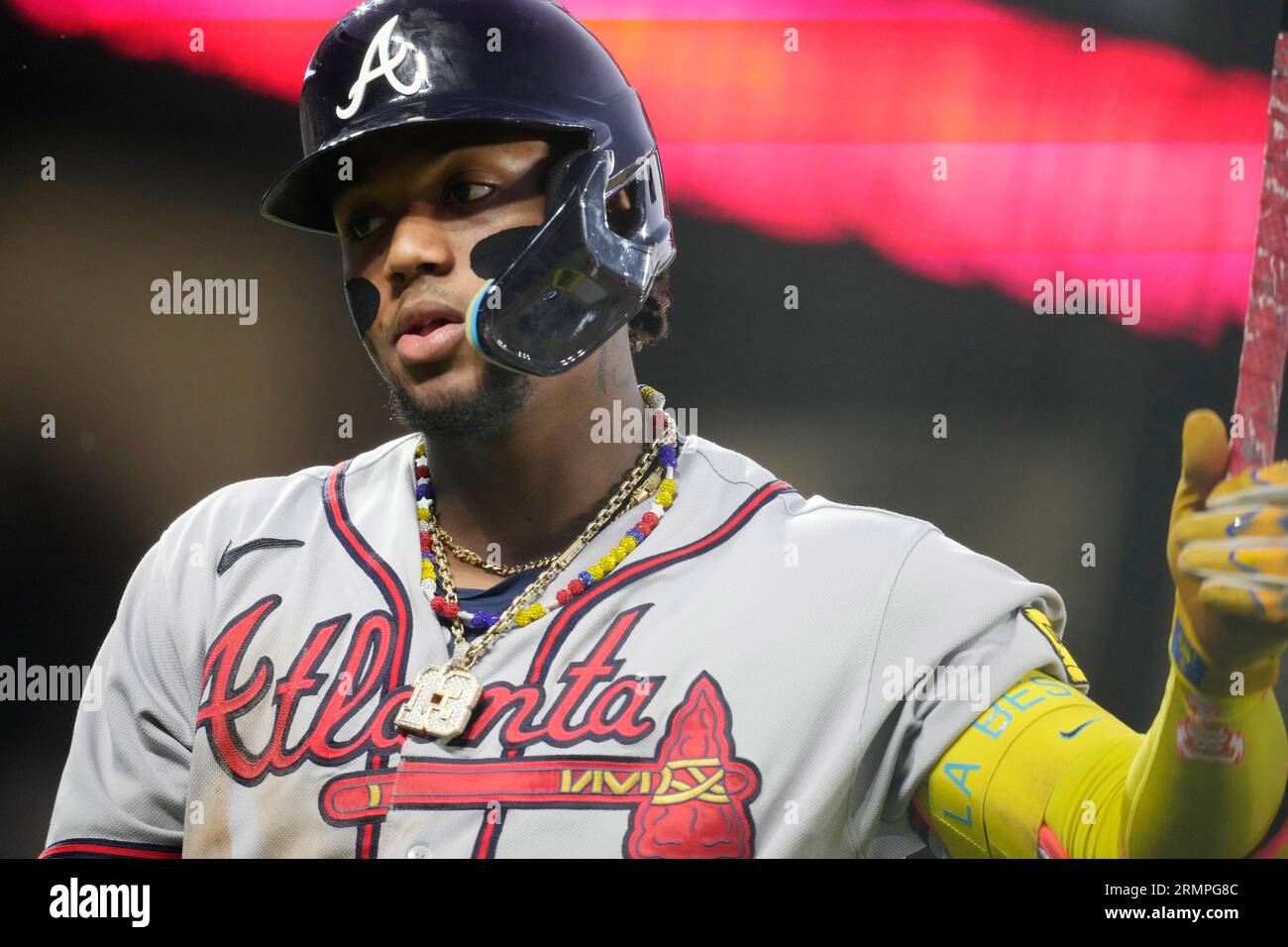 Atlanta Braves' Ronald Acuna Jr. reacts after flying out against ...