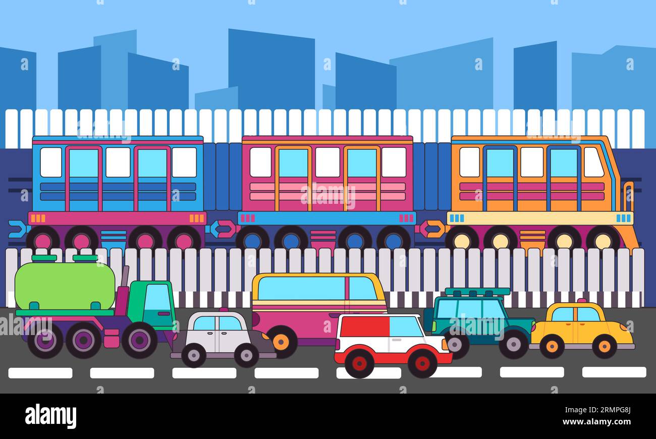 traffic jam car truck police ambulance taxi and train transportation ...