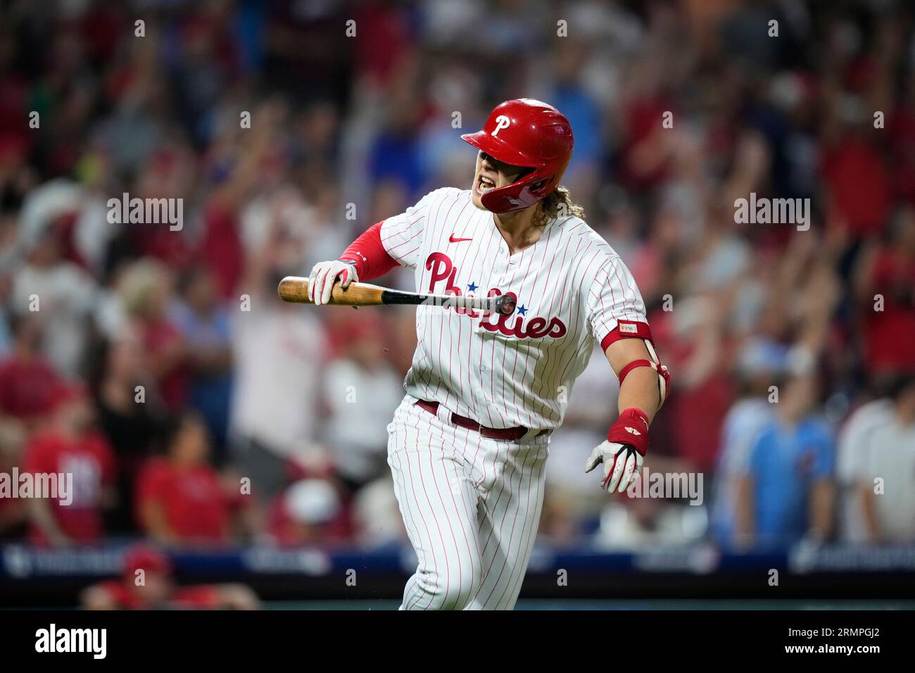 Philadelphia Phillies' Bryce Harper reacts after a home run during a ...
