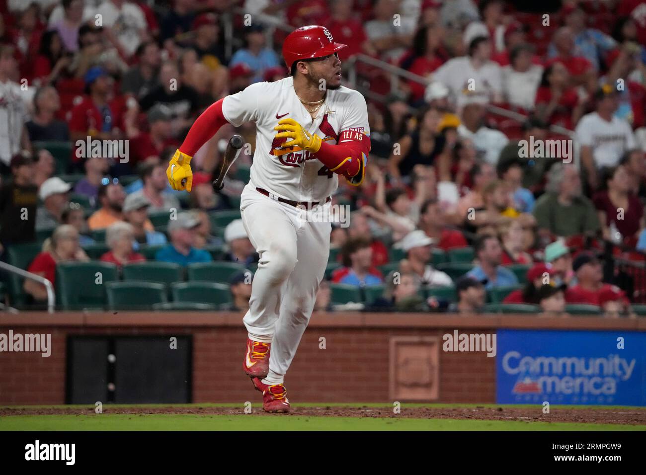 St. Louis Cardinals' Willson Contreras tosses his bat as he watches his ...