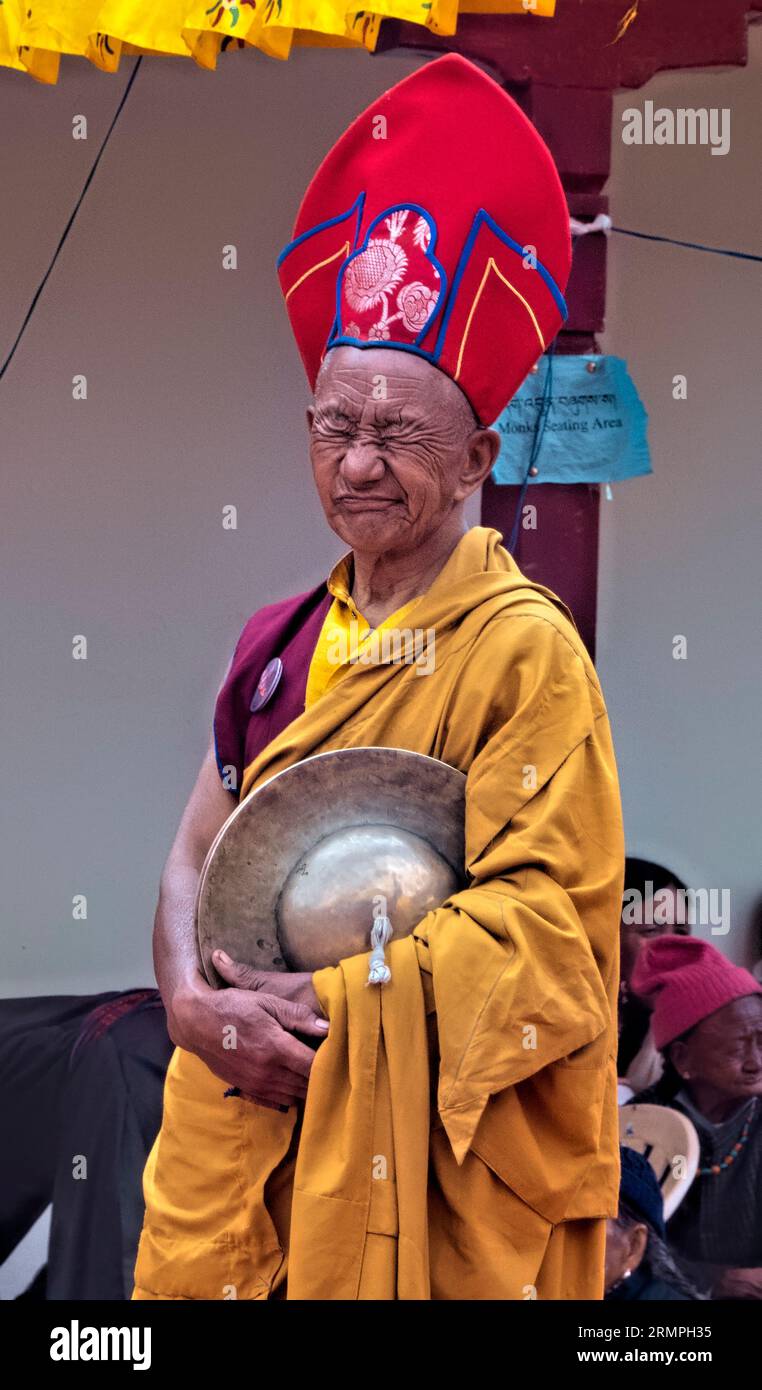 Old monk making a face at the Takthok Tsechu festival, Sakti, Ladakh ...