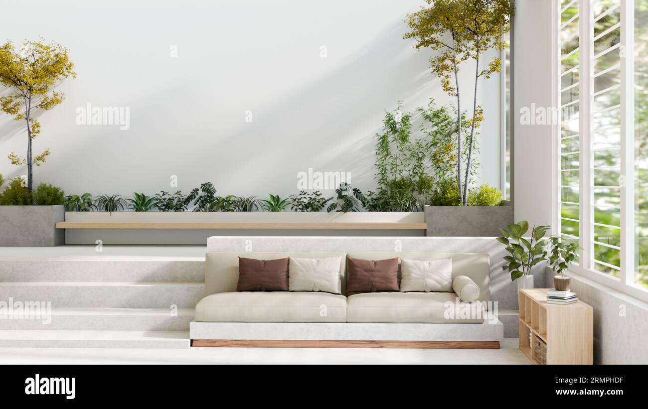 Interior design of a modern bright spacious lounge with indoor plants ...