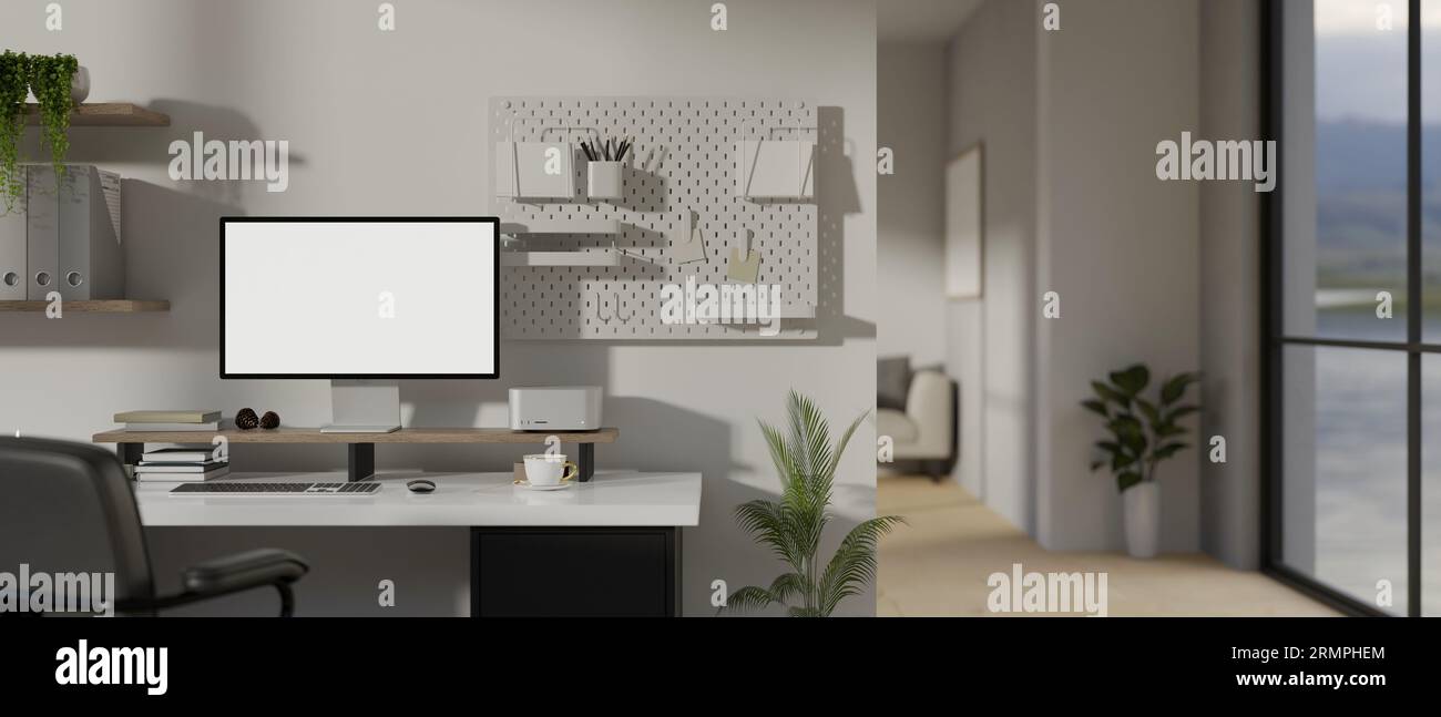 Modern minimal white home workspace with a computer white screen mockup ...