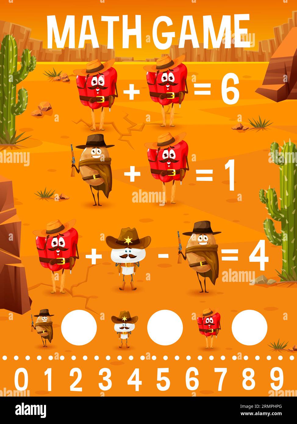 Math game worksheet, cartoon Mexican vegetable cowboy and bandit ...