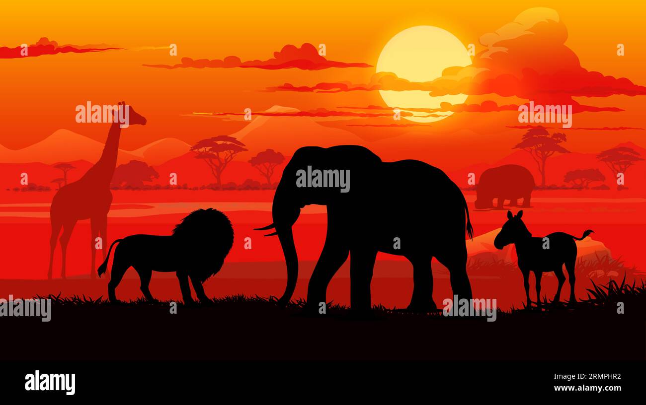African sunset landscape with safari animals silhouettes. Africa nature ...