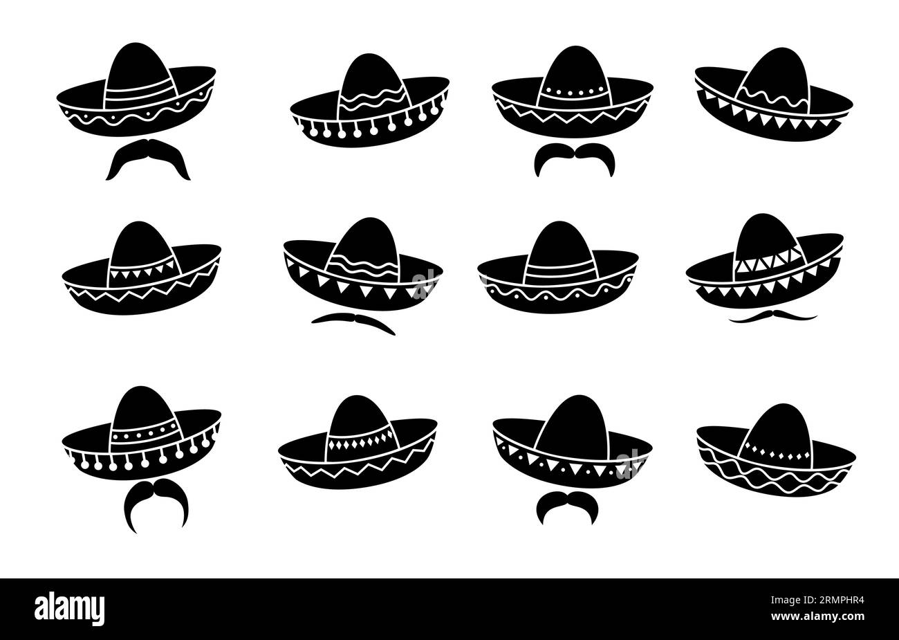 Mexican charro cowboy or mariachi musician sombrero hat icons and ...