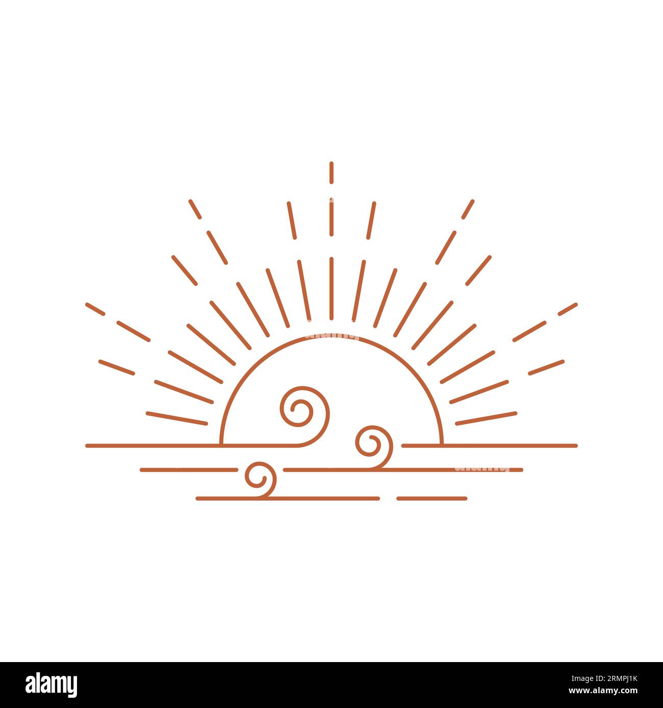 Sunrise or sunset at sea waves isolated outline icon. Vector bohemian ...