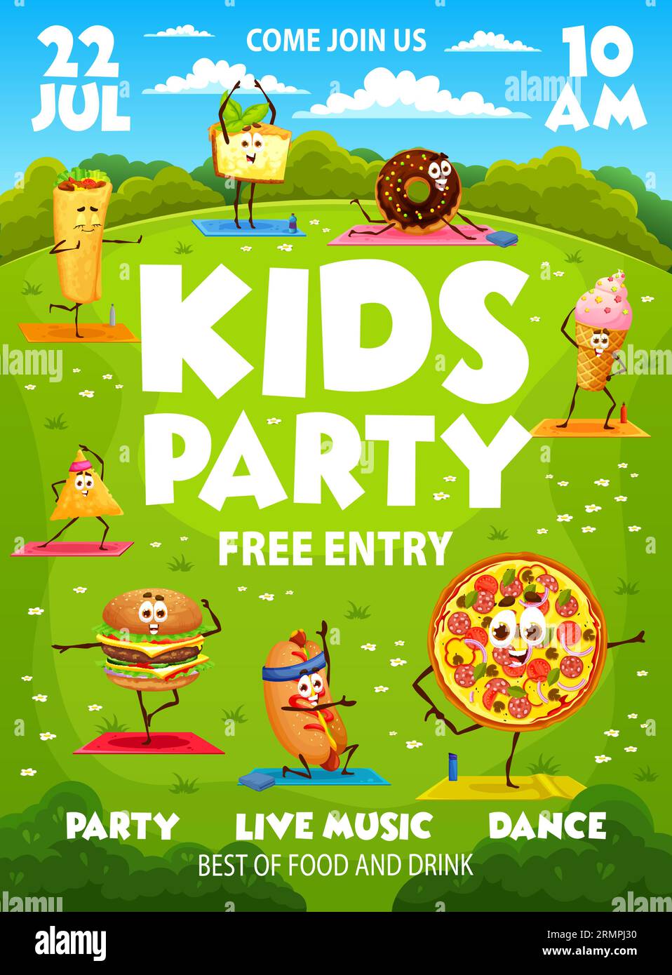 Kids party flyer with cartoon funny fast food characters on yoga ...