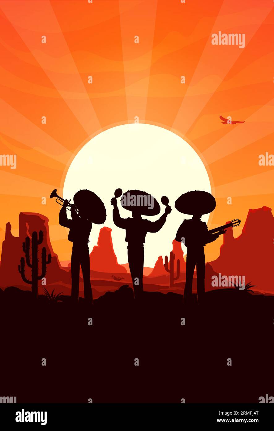 Mexican mariachi musicians silhouettes at desert sunset rays. Vector ...