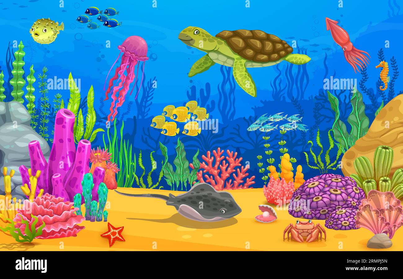 Cartoon sea animals, turtle, stingray, jellyfish and fish shoal in ...