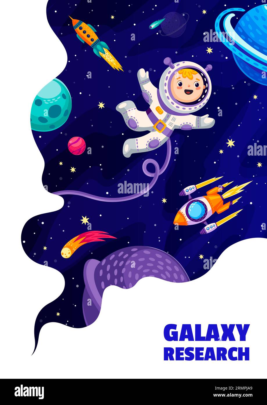 Space landing page. Flying rocket and kid astronaut in outer space with ...