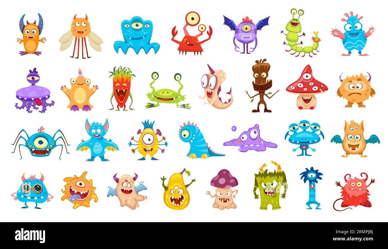 Cartoon cute funny monster characters. Cute bacteria, alien bug or ...
