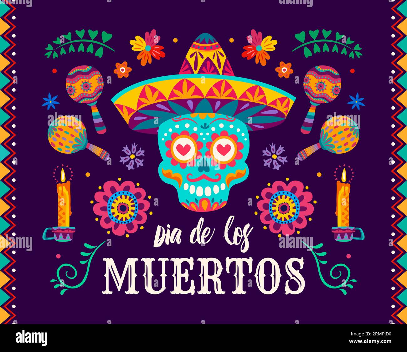 Calavera skull, tropical flowers and maracas on Dia de los Muertos ...