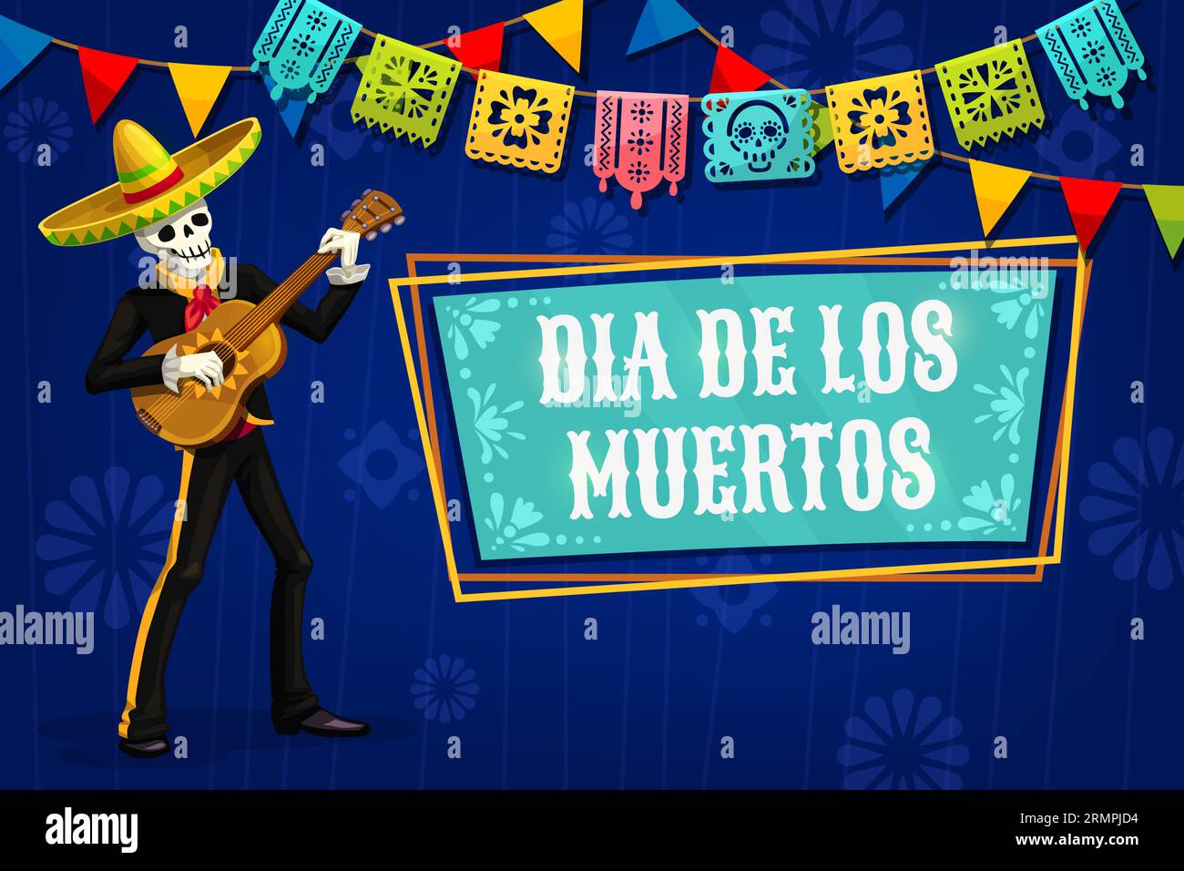Cartoon mariachi skeleton and papel picado flags. Dia de los Muertos ...