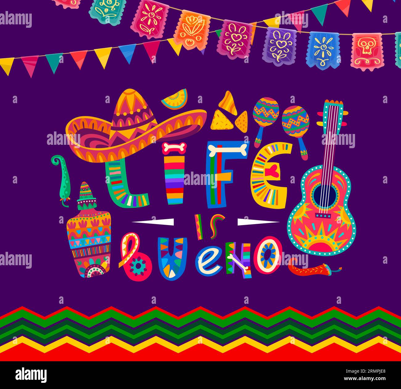 Mexican quote banner. Life is bueno colorful and fun lettering with ...