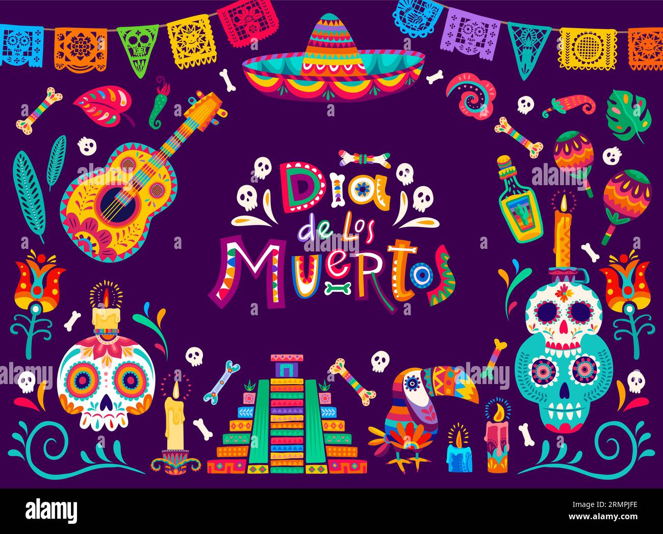 Dia de los Muertos banner. Day of the Dead calavera skulls, candles and ...