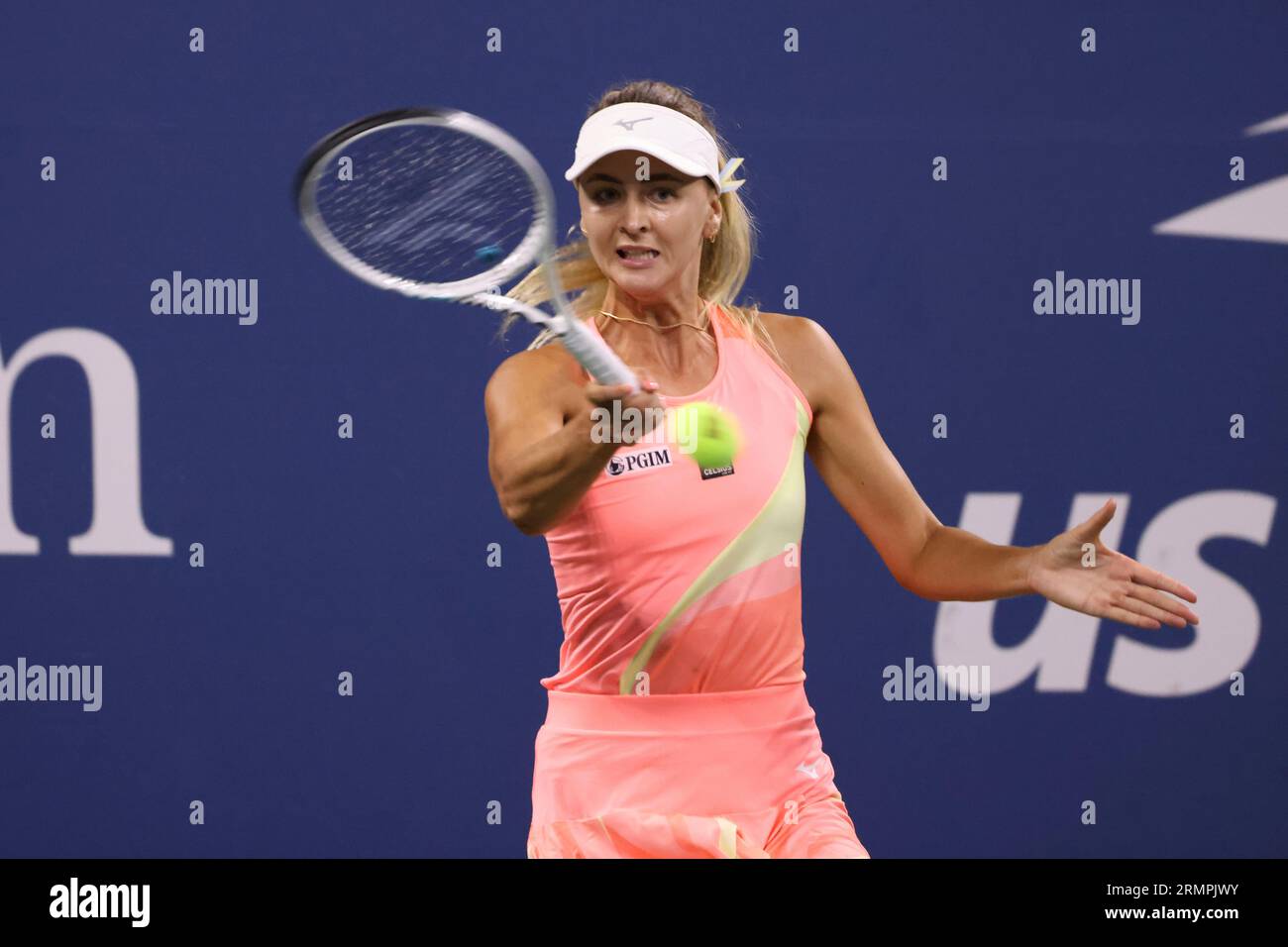 Maryna Zanevska, of Belgium, returns a shot to Aryna Sabalenka, of ...