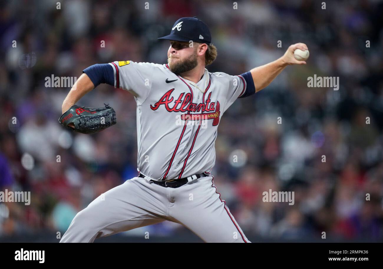 Atlanta Braves relief pitcher A.J. Minter works against the Colorado ...