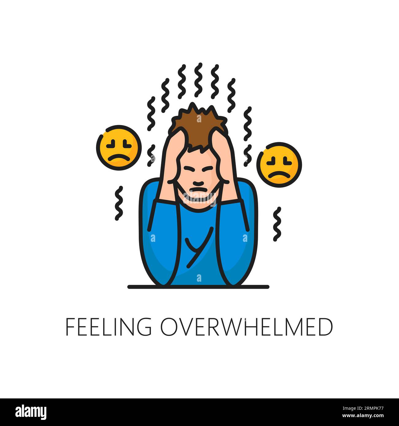 Feeling overwhelmed psychological disorder problem, mental health icon. Isolated vector linear ...
