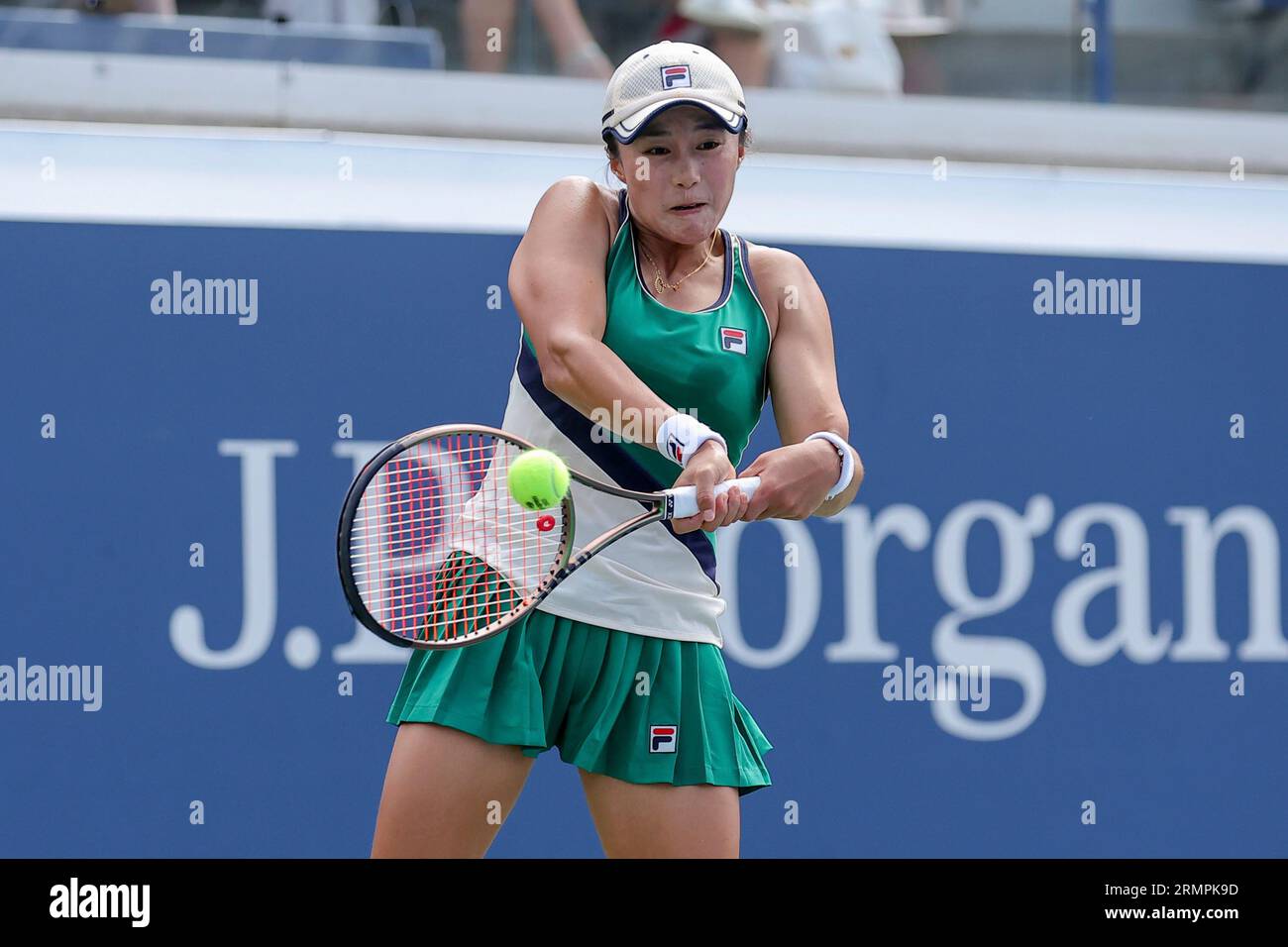 Na Lae Han in action during a women's singles match at the 2023 US Open ...