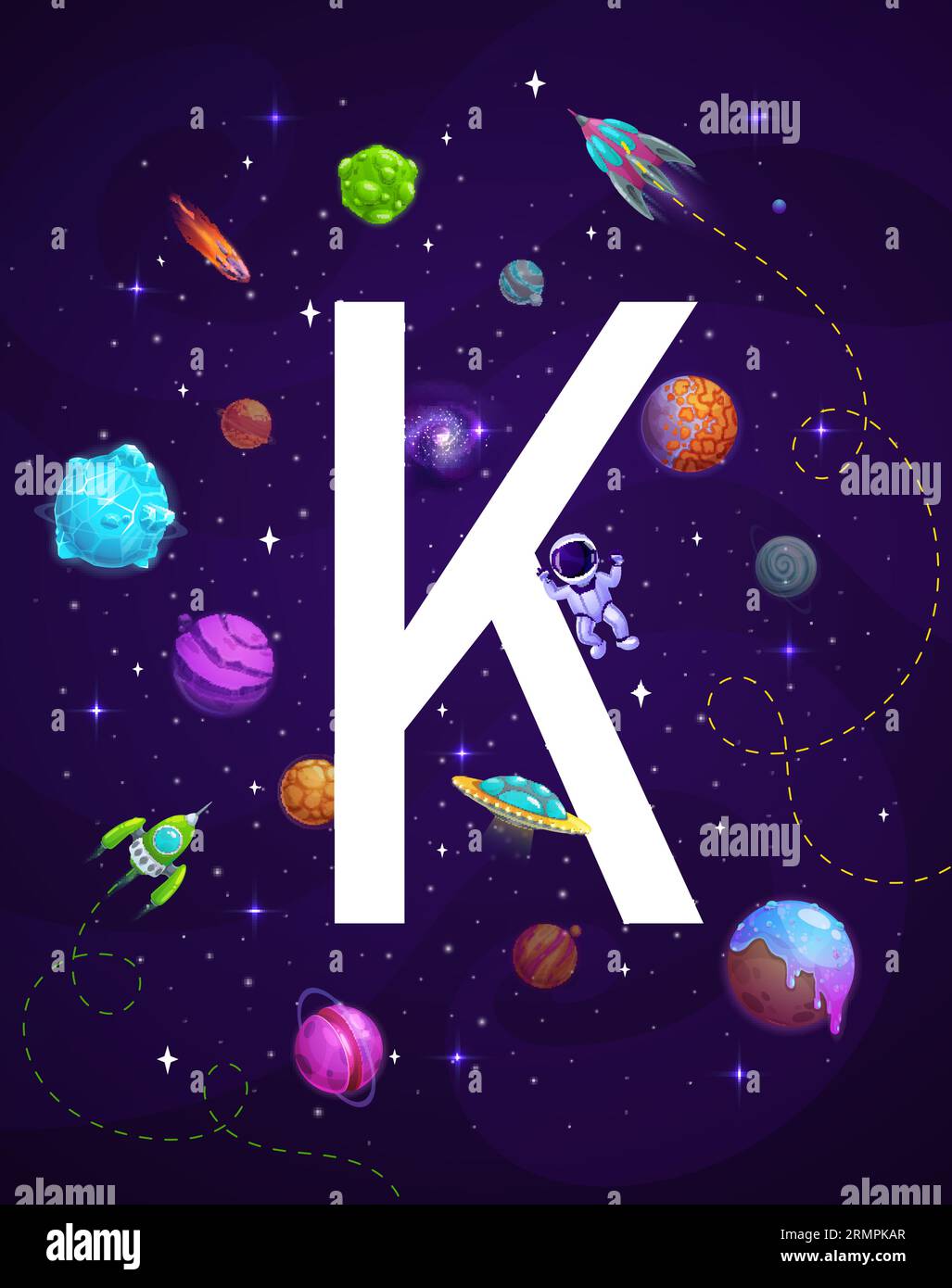 Cartoon space letter K with vector planets, astronaut and rockets. Kids ...