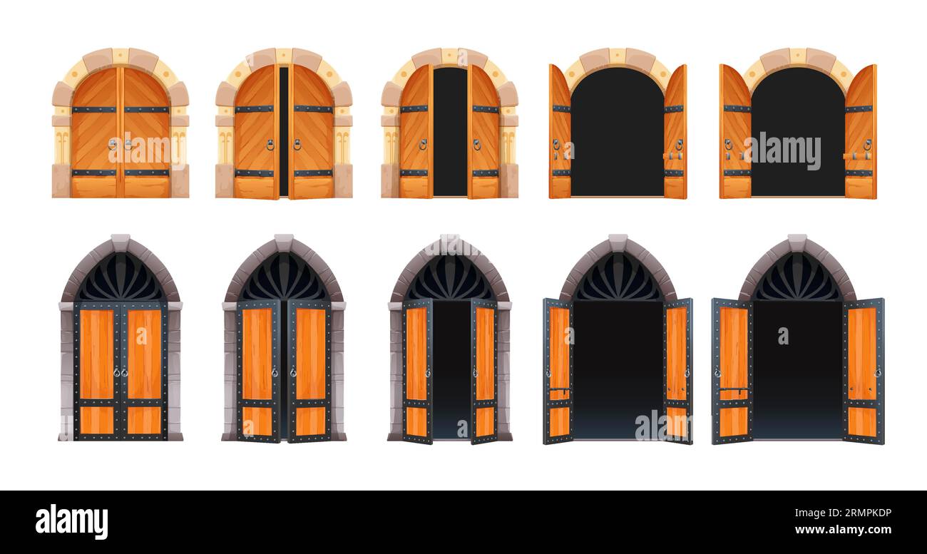 Cartoon castle open gate or door motion animation. Vector medieval ...