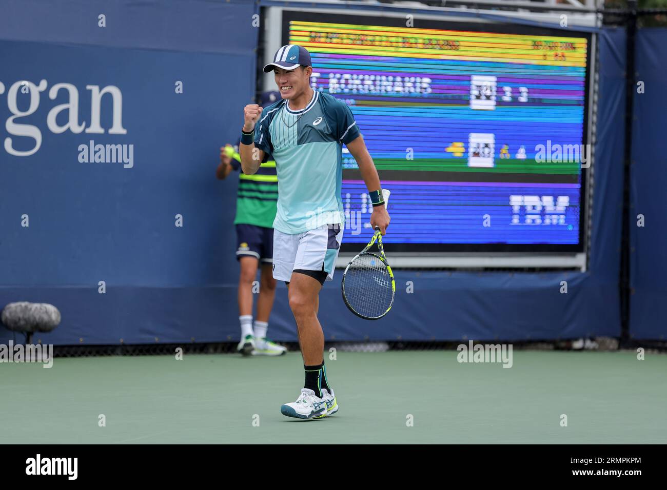 Yu Hsiou Hsu reacts during a men's singles match at the 2023 US Open ...