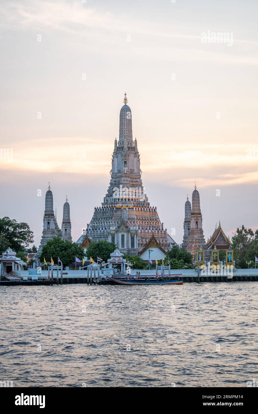 Wat Arun Temple during Sunset at Chao Praya River Bangkok, Thailand ...