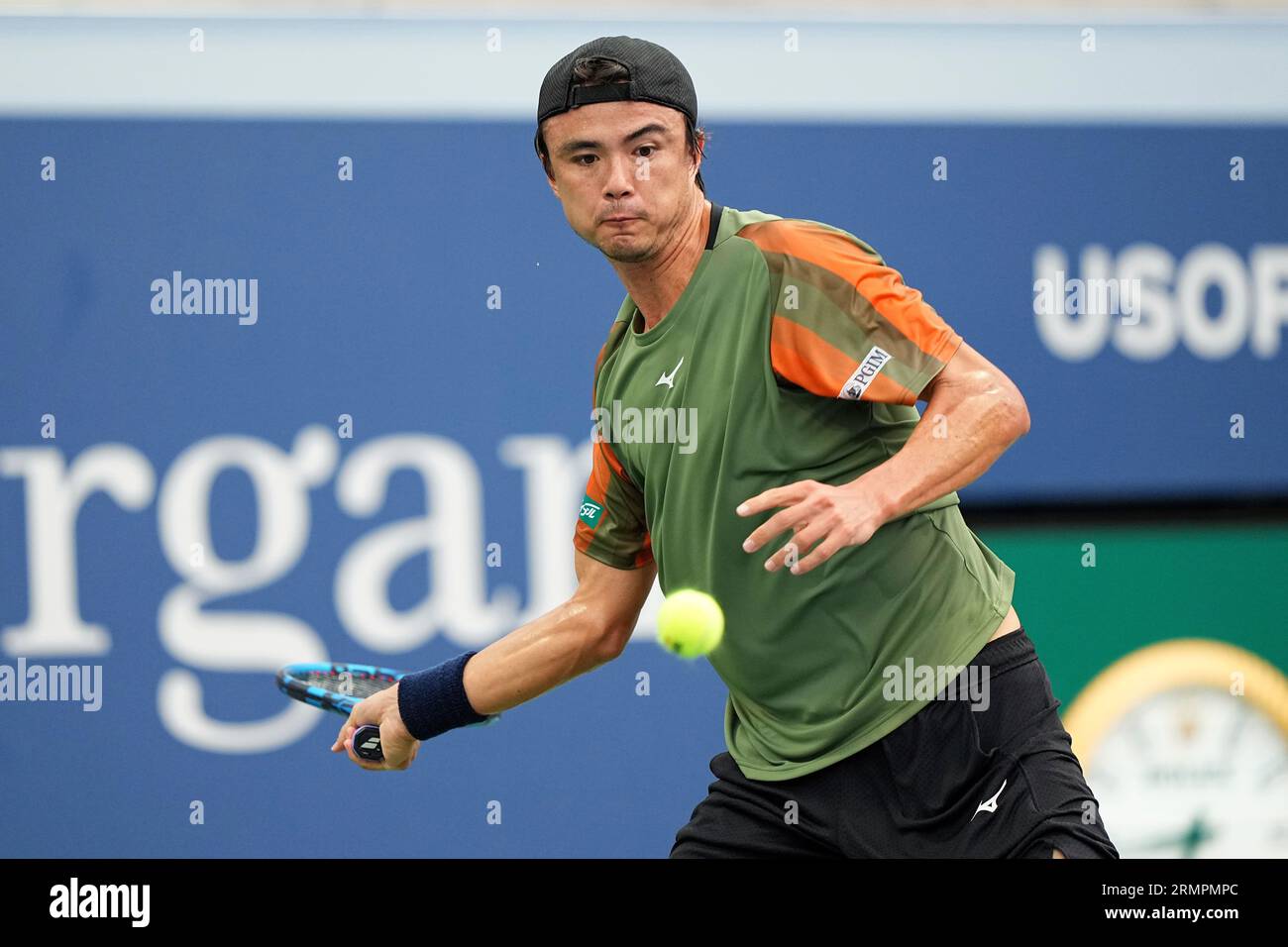 Taro Daniel in action during a men's singles match at the 2023 US Open ...