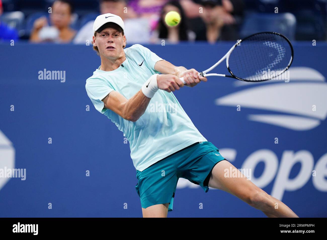 Jannik Sinner in action during a men's singles match at the 2023 US Open, Tuesday, Aug. 29, 2023 ...
