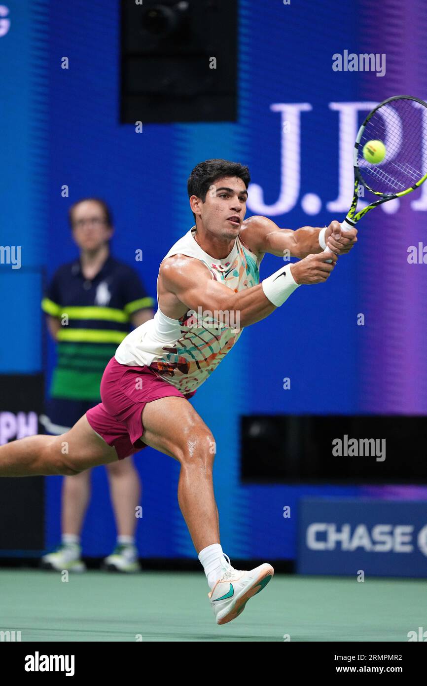 Carlos Alcaraz in action during a men's singles match at the 2023 US Open, Tuesday, Aug. 29 ...