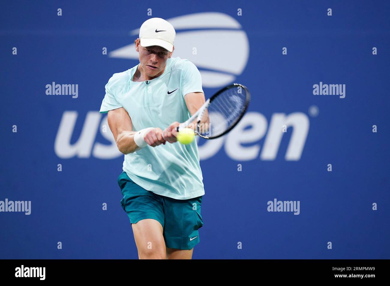 Jannik Sinner in action during a men's singles match at the 2023 US Open, Tuesday, Aug. 29, 2023 ...