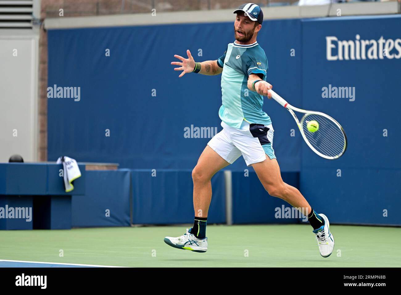 Corentin Moutet in action during a men's singles match at the 2023 US Open, Tuesday, Aug. 29 ...