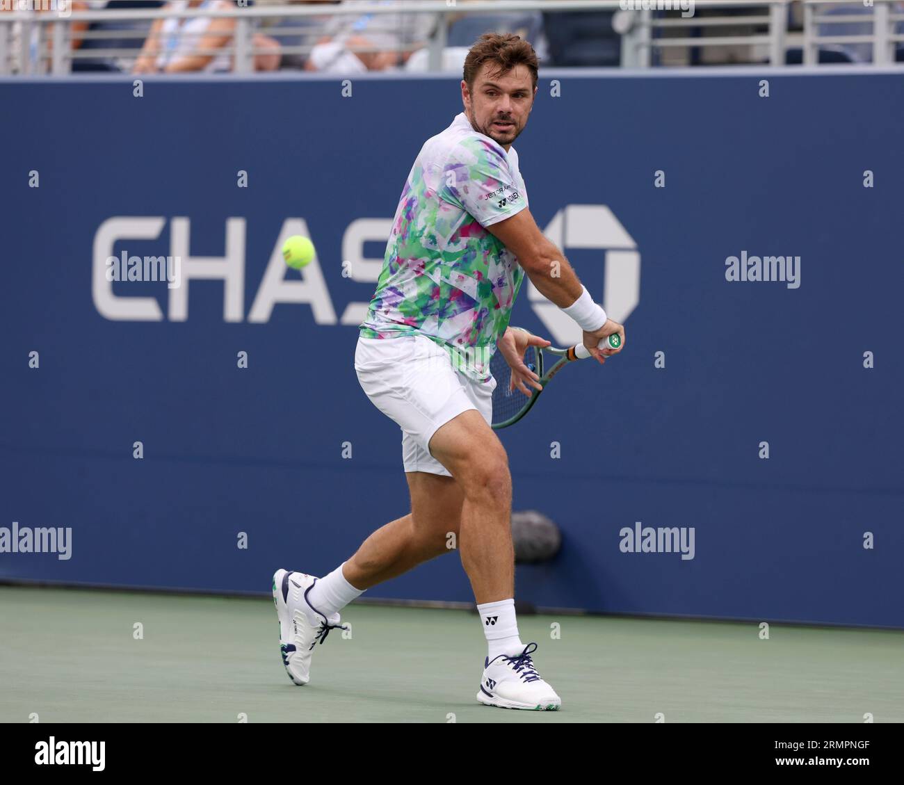 Stan Wawrinka in action during a men's singles match at the 2023 US Open, Tuesday, Aug. 29, 2023 ...