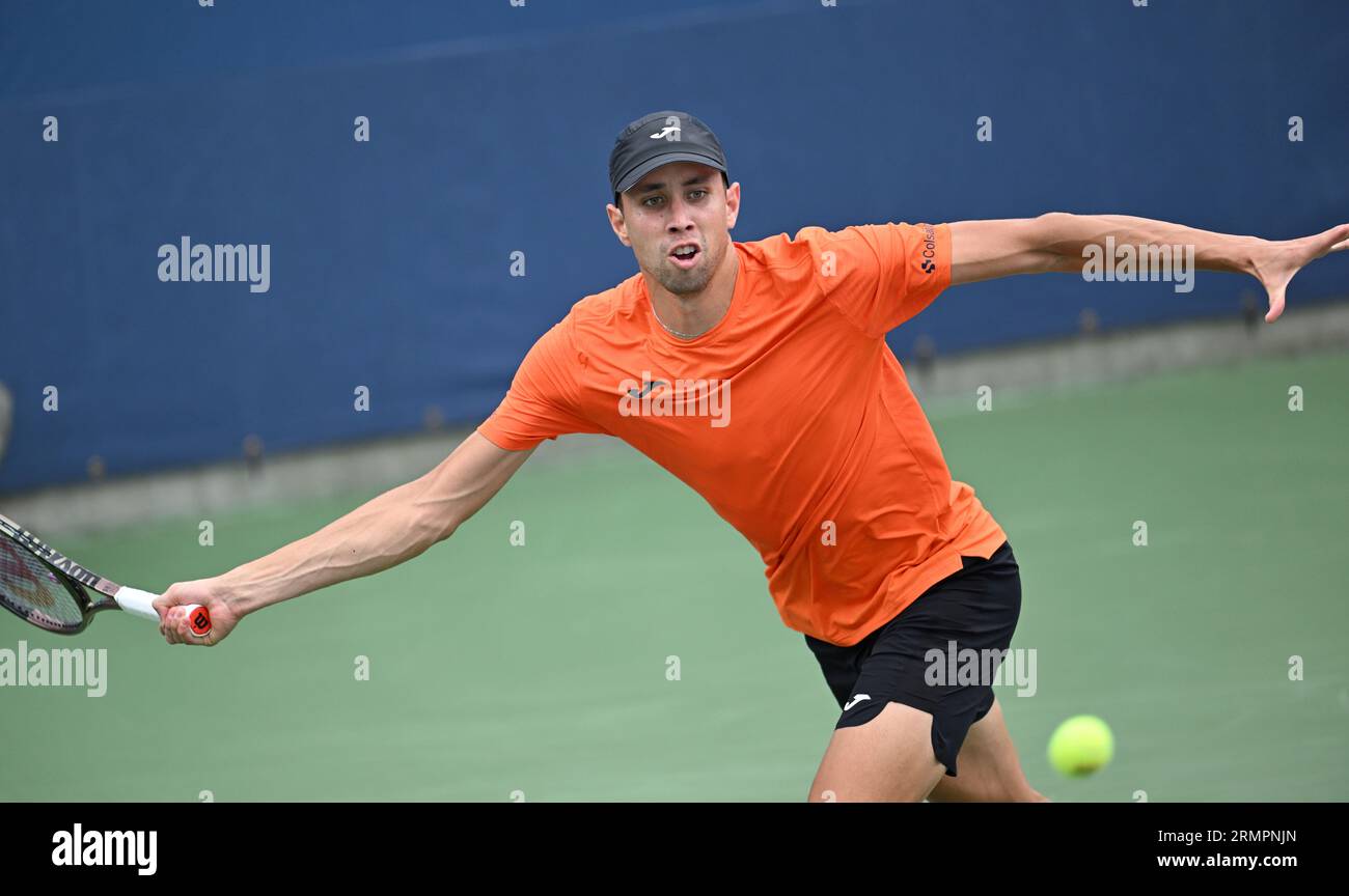 Daniel Elahi Galan in action during a men's singles match at the 2023 US Open, Tuesday, Aug. 29 ...