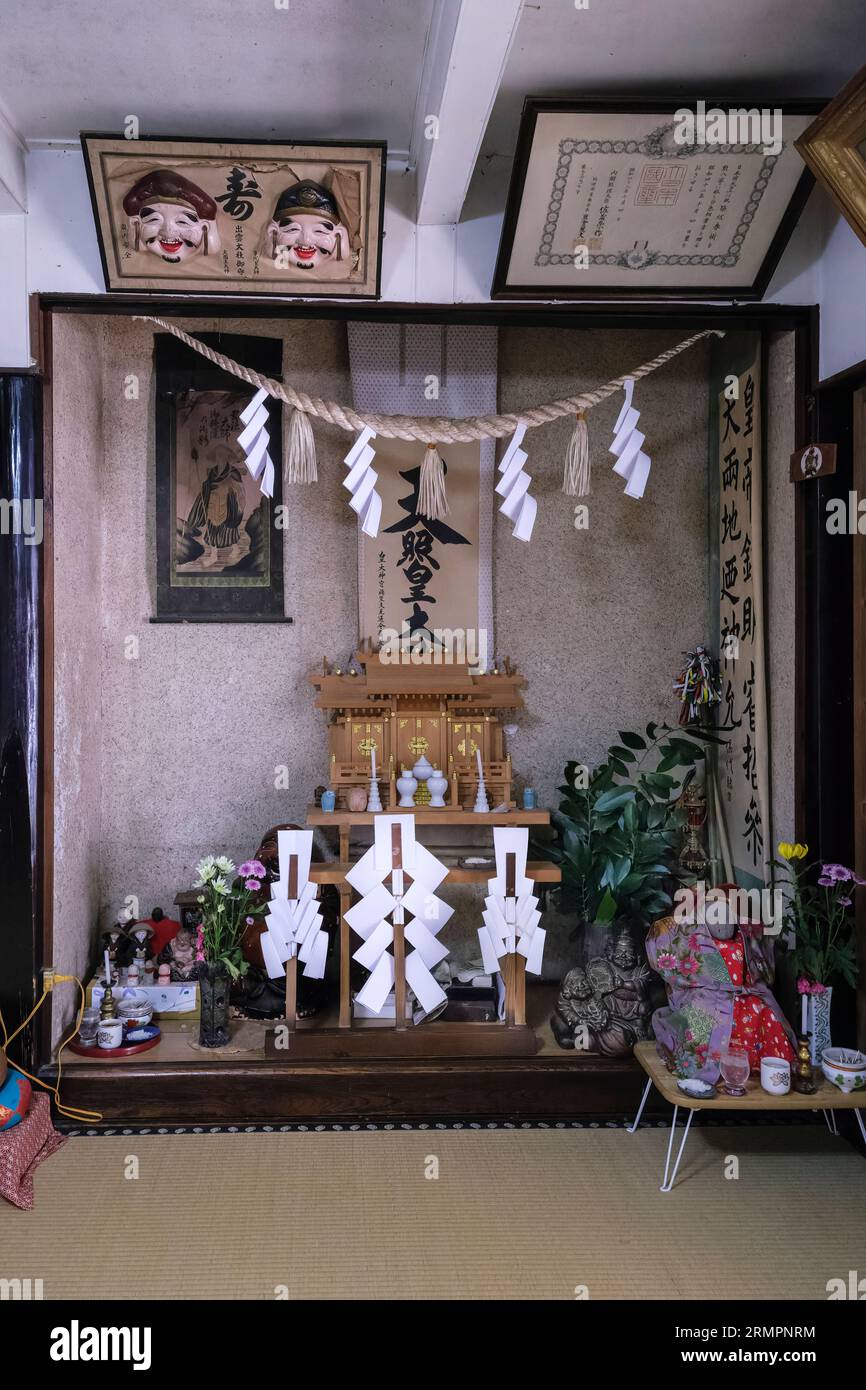 Japan, Kyushu. Shinto Altar with Shimenawa Rope and Shide White Paper ...