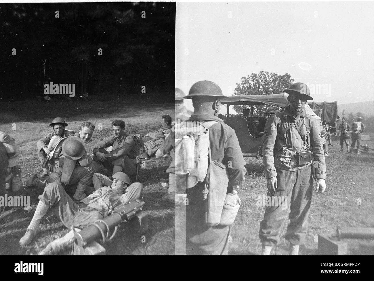 Double image. Soldiers relaxing and solder with packs. Members of the ...