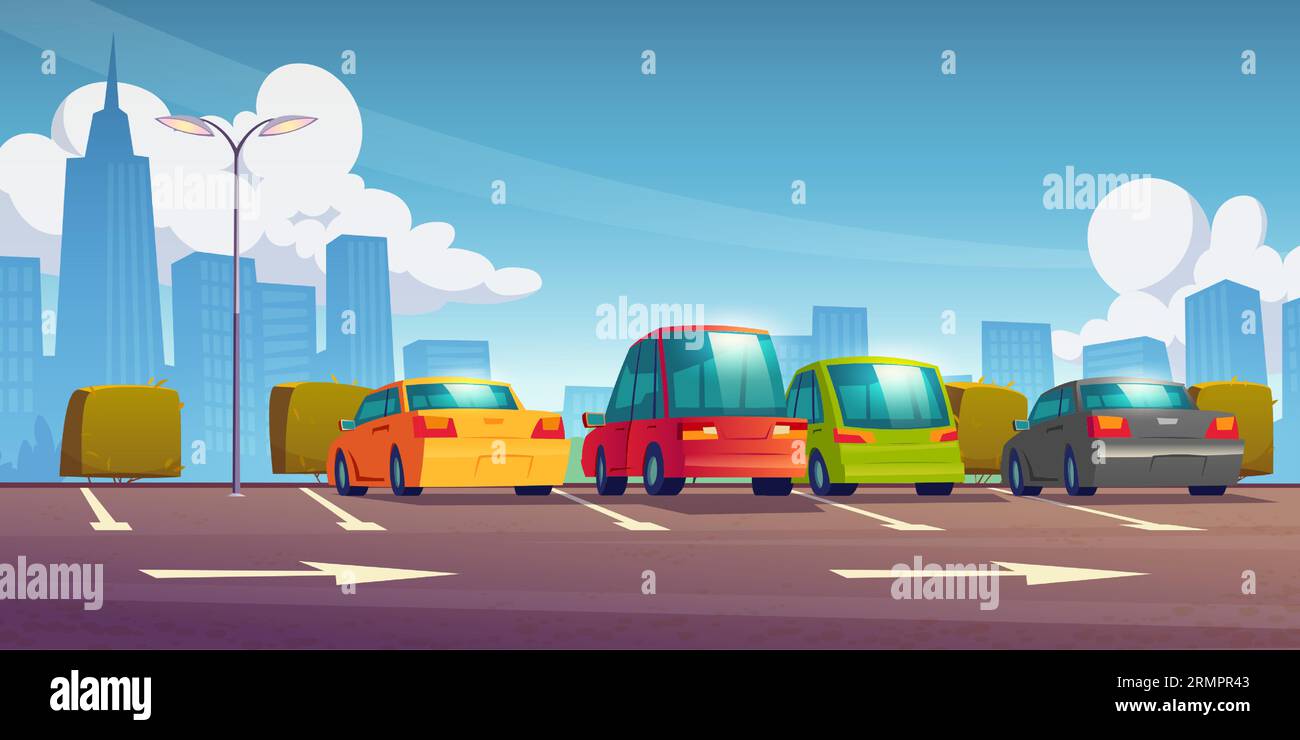 Cars standing in city parking lot - cartoon vector illustration of high ...
