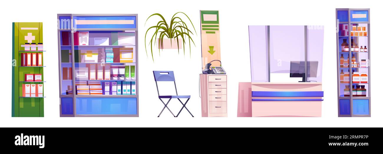 Medical pharmacy counter store interior vector illustration. Shelves in ...
